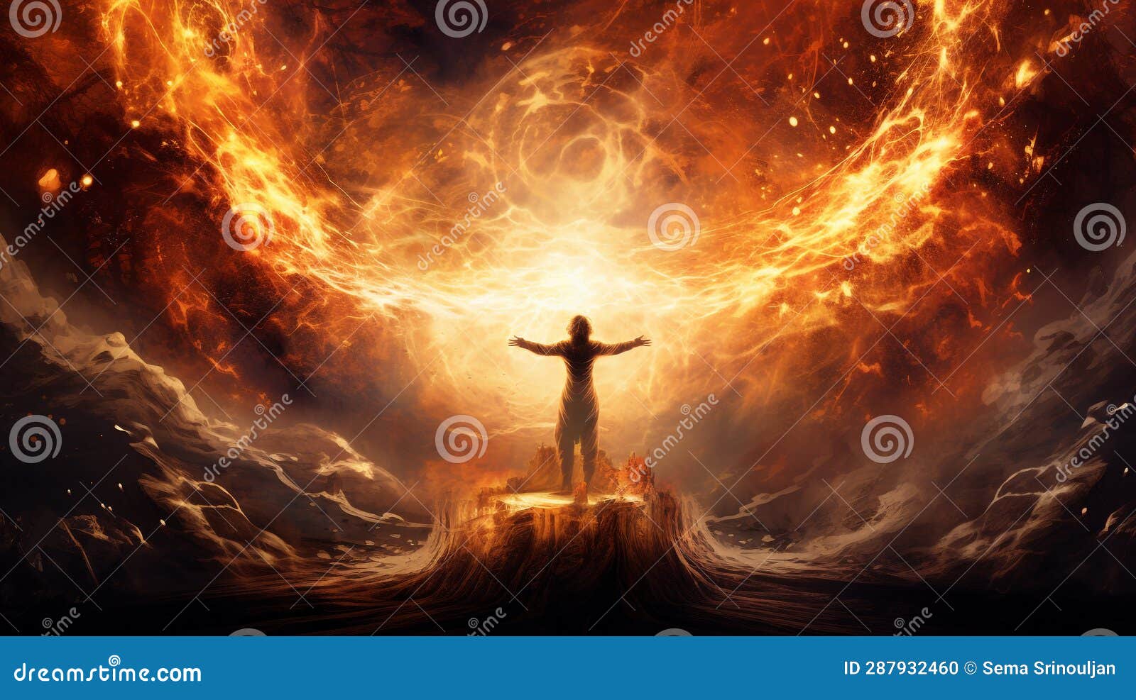 A Human with Magical Powers Stood in the Midst of a Fiery Flame ...