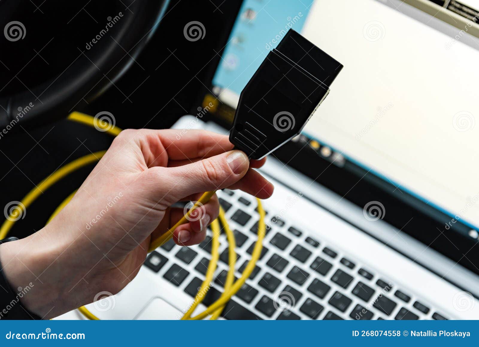 Human Making Car Diagnostics Using OBD Device and Computer. Stock Photo ...