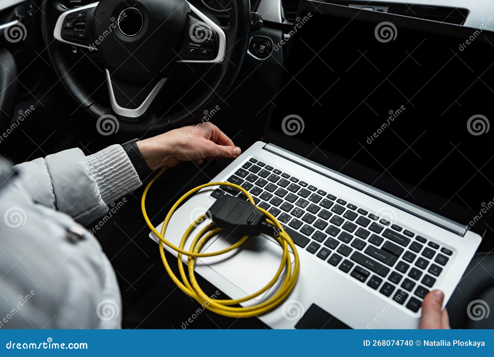 Human Making Car Diagnostics Using OBD Device and Computer. Stock Photo ...