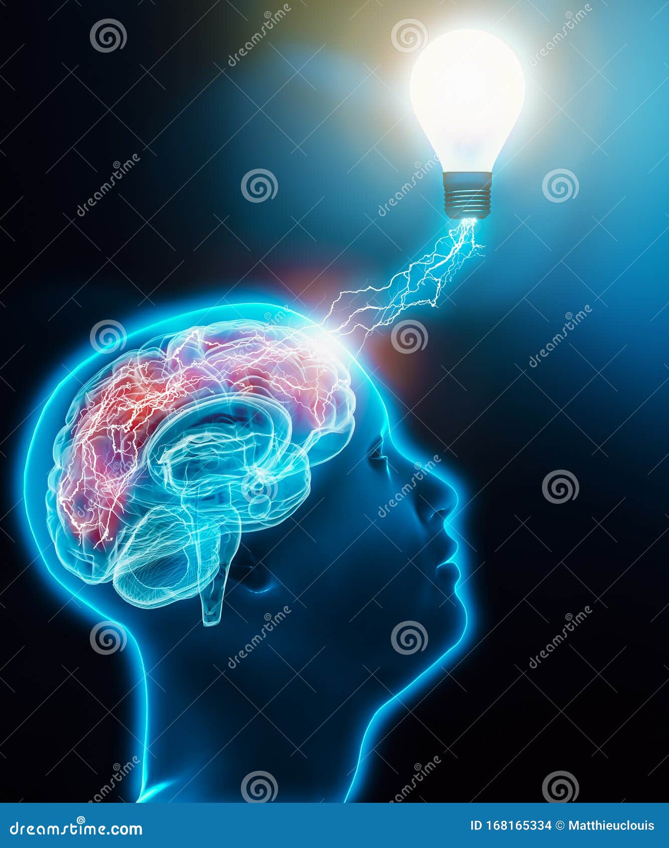 Human Male Profile Head Looking Up with Brain Connected To a Lightbulb ...