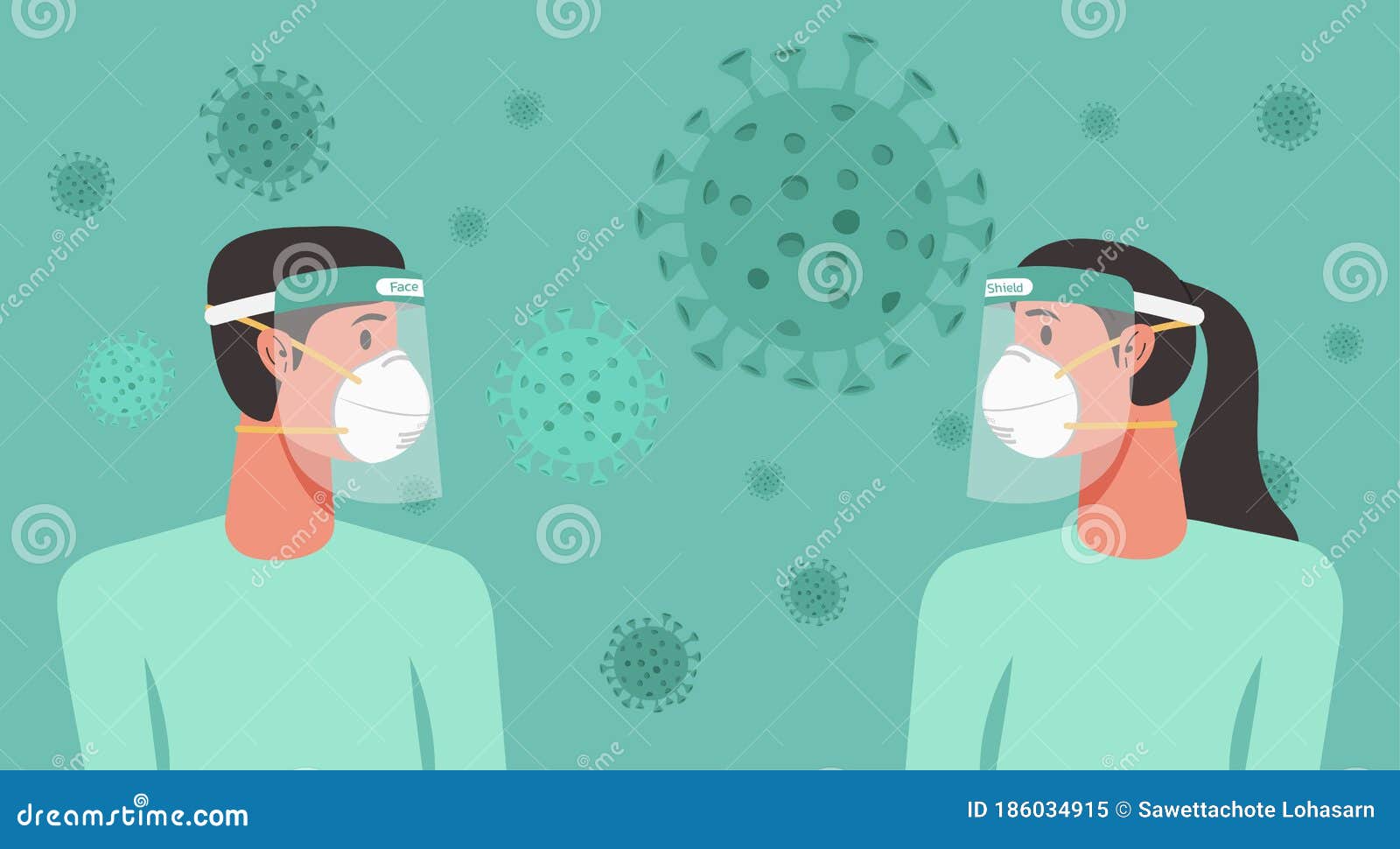 Man and Woman Wearing N95 Mask and Face Shield Stock Vector ...