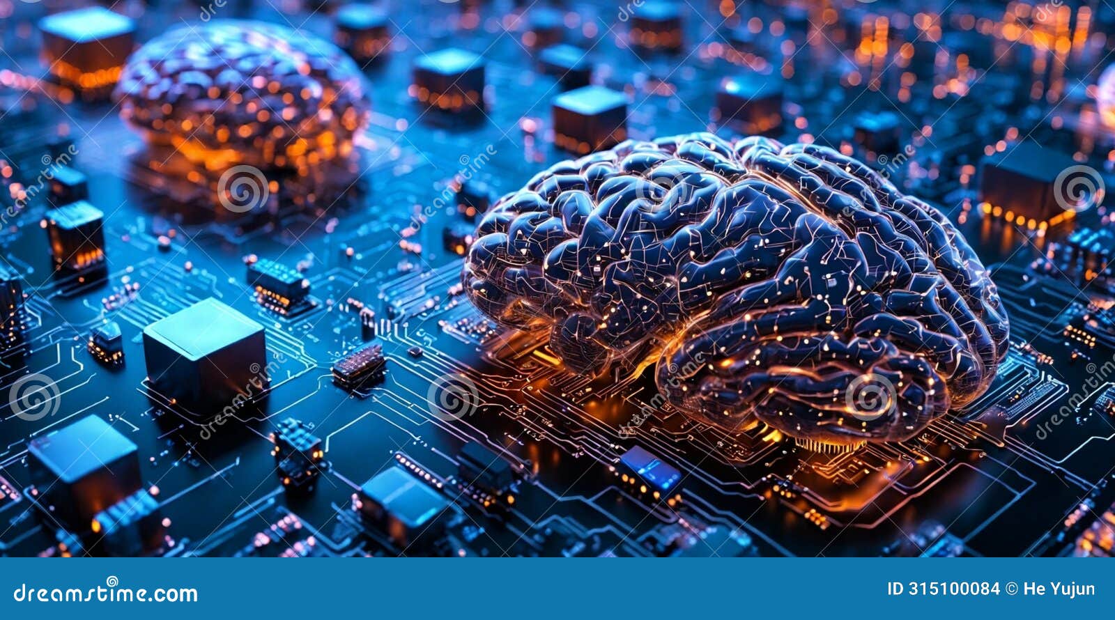 Human Meets Machine: Illuminated Brain Circuitry on Futuristic Blue ...