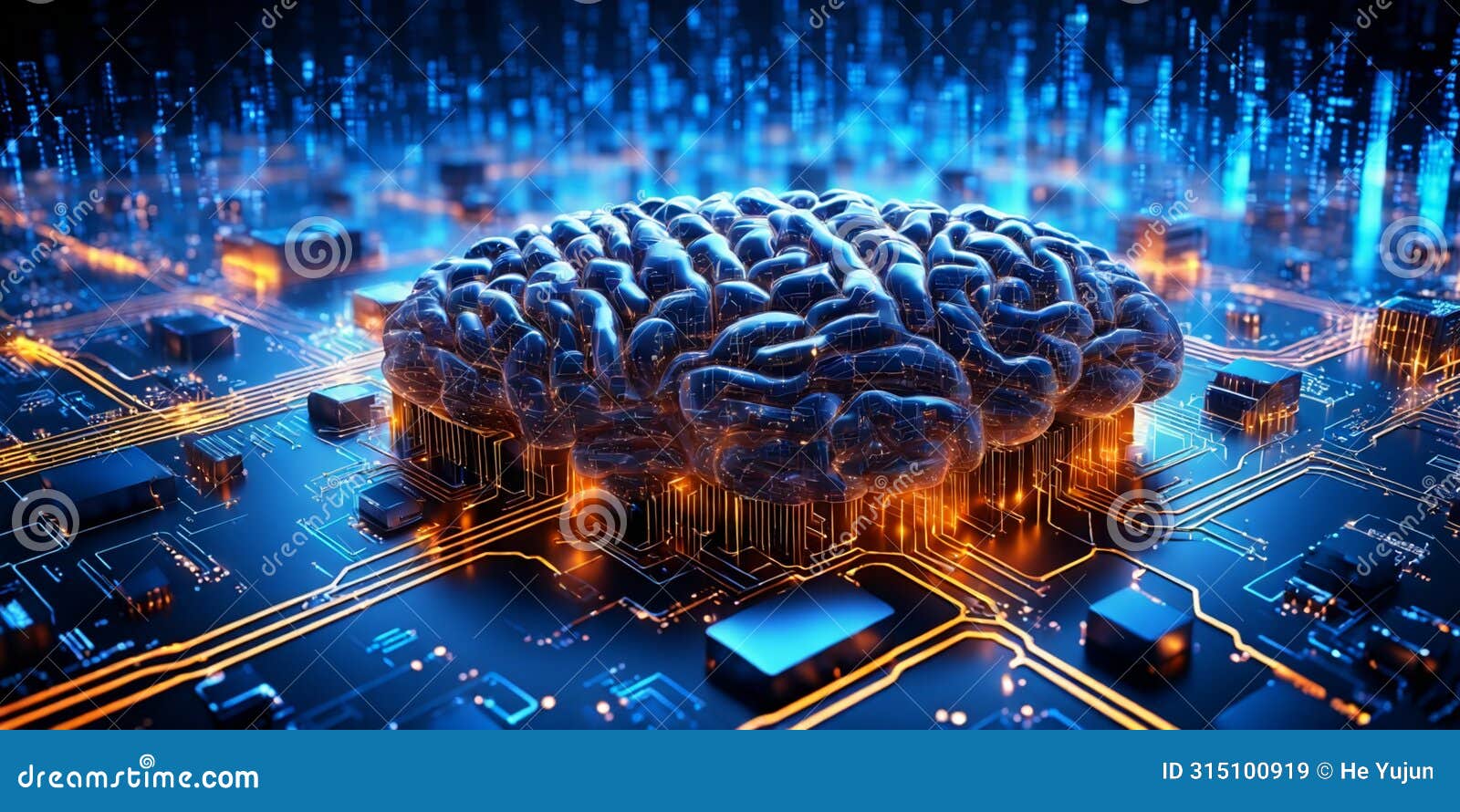 Human Meets Machine: Illuminated Brain Circuitry on Futuristic Blue ...