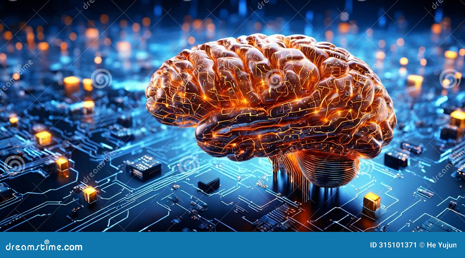 Human Meets Machine: Illuminated Brain Circuitry On Futuristic Blue ...