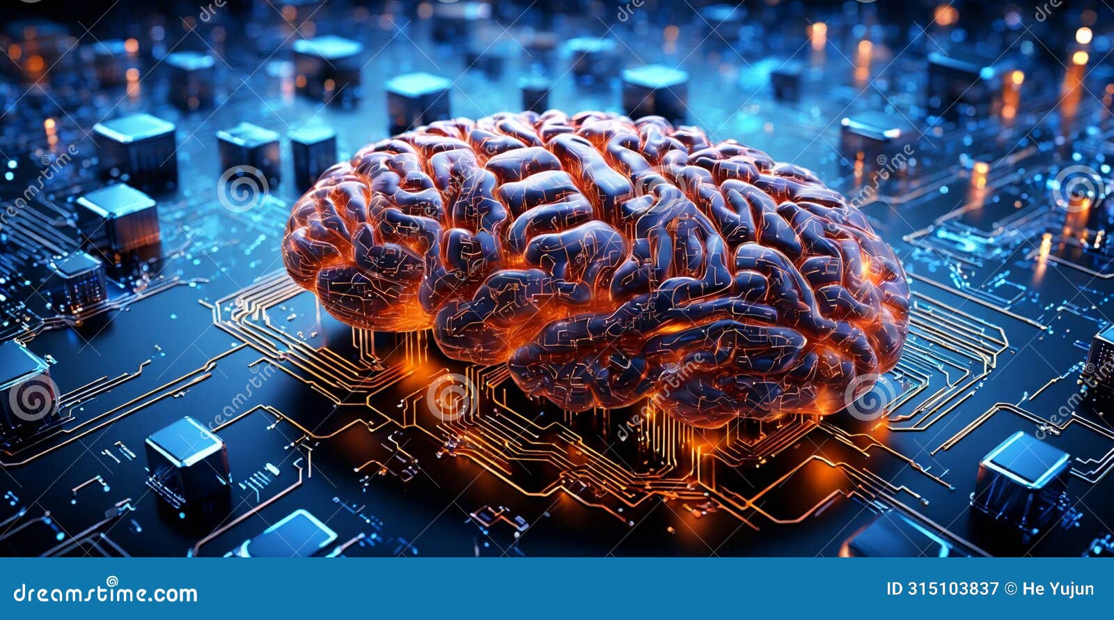 Human Meets Machine: Illuminated Brain Circuitry On Futuristic Blue ...