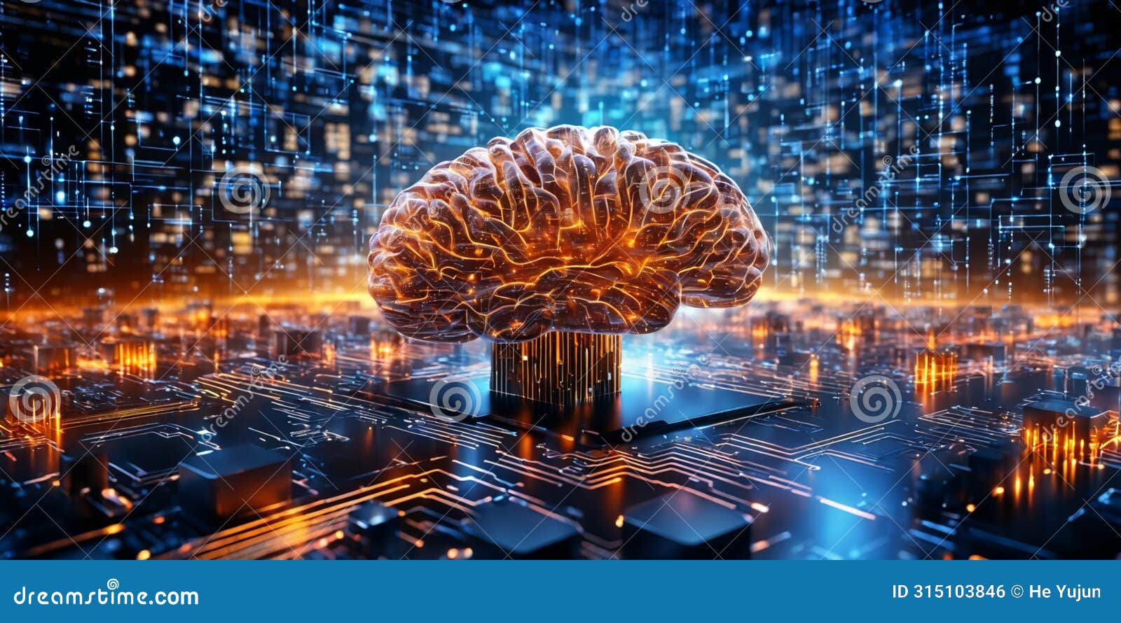 Human Meets Machine: Illuminated Brain Circuitry on Futuristic Blue Background Stock ...