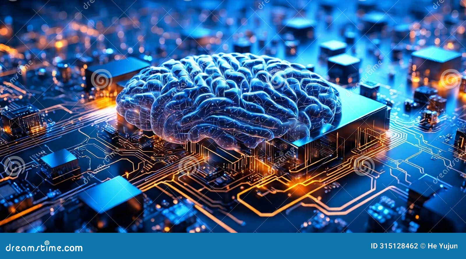 Human Meets Machine: Illuminated Brain Circuitry on Futuristic Blue ...