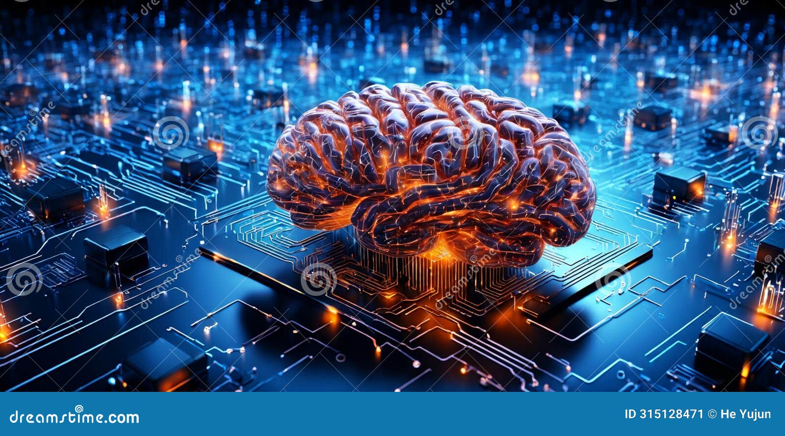 Human Meets Machine: Illuminated Brain Circuitry on Futuristic Blue ...