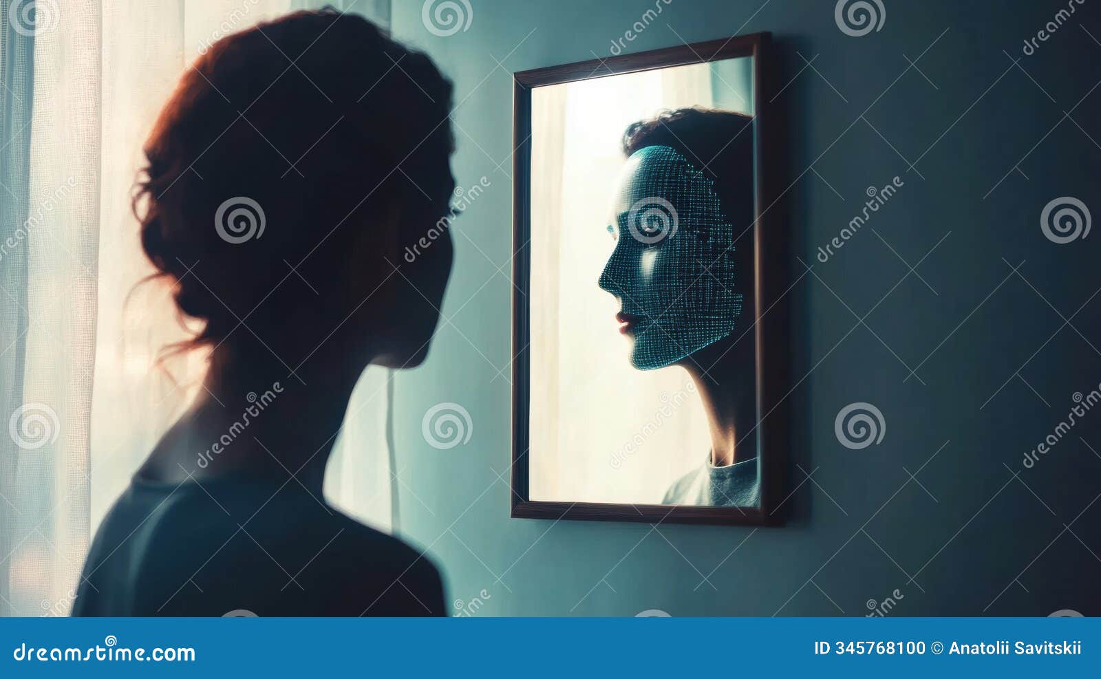 A Human Observes Their Reflection in a High-tech Mirror Showcasing an ...