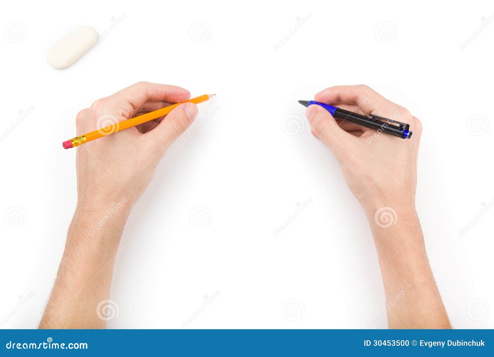 Human with Pen, Pencil and Eraser Stock Photo - Image of blank, closeup ...