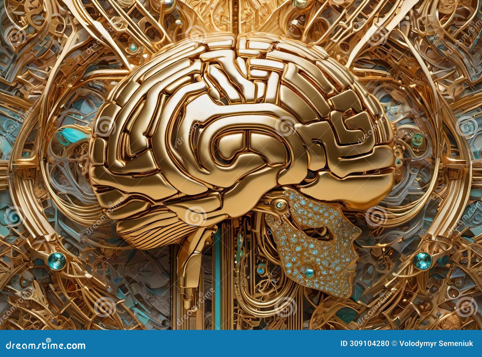 Human Realistic Brain Golden Sculpture. Close Up Elements Time and ...