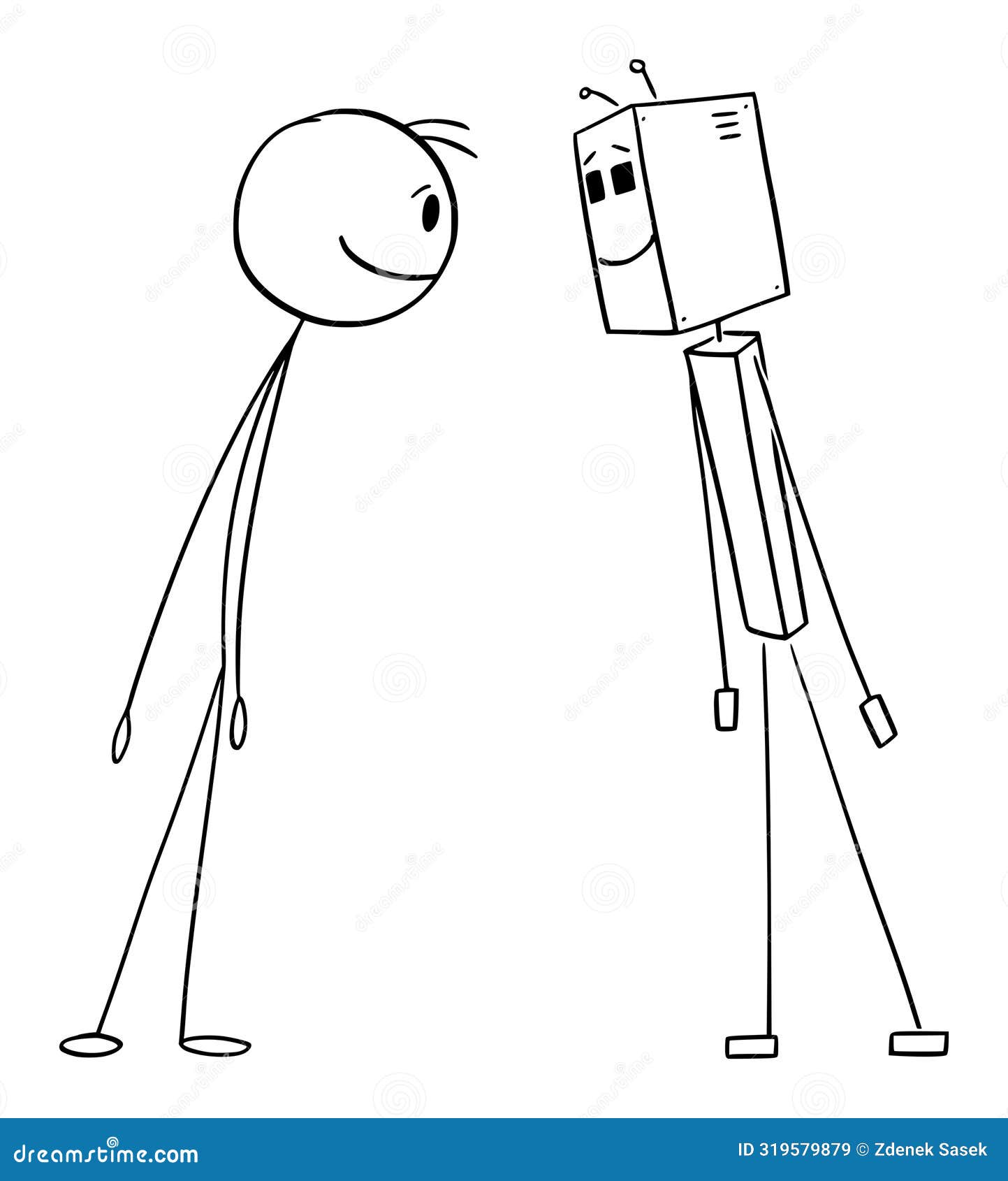 Human And Robot Or Artificial Intelligence Cooperation, Vector Cartoon ...