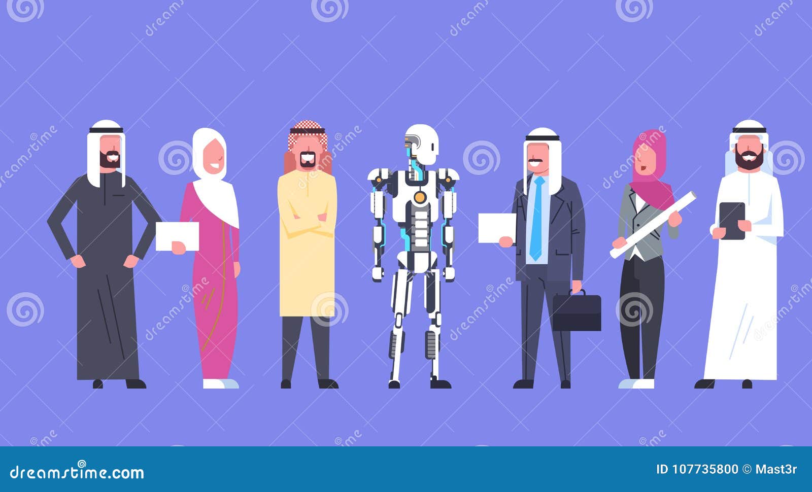 Human and Robot Cooperation, Arab Business People Group with Modern ...