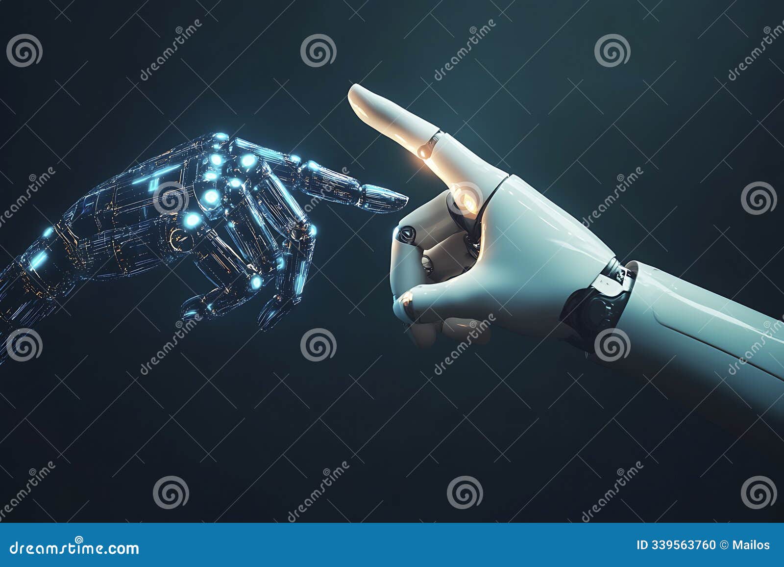 Human and Robot Hand Connection Futuristic Synergy in Motion Stock ...