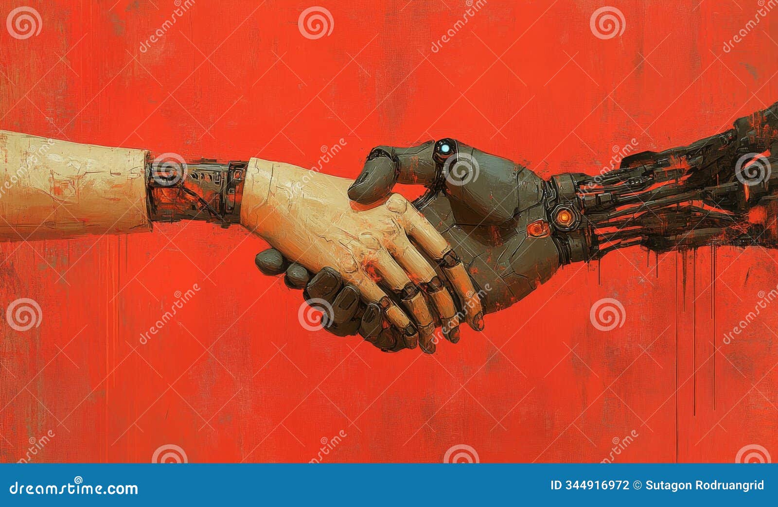 Human and Robot Hands Engage in a Firm Handshake Symbolizing Unity ...