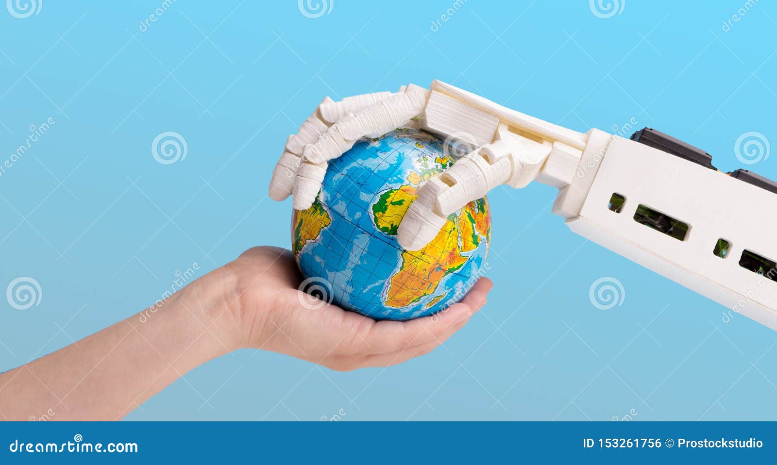 Human and Robot Hands Holding Earth Globe Stock Photo - Image of future ...