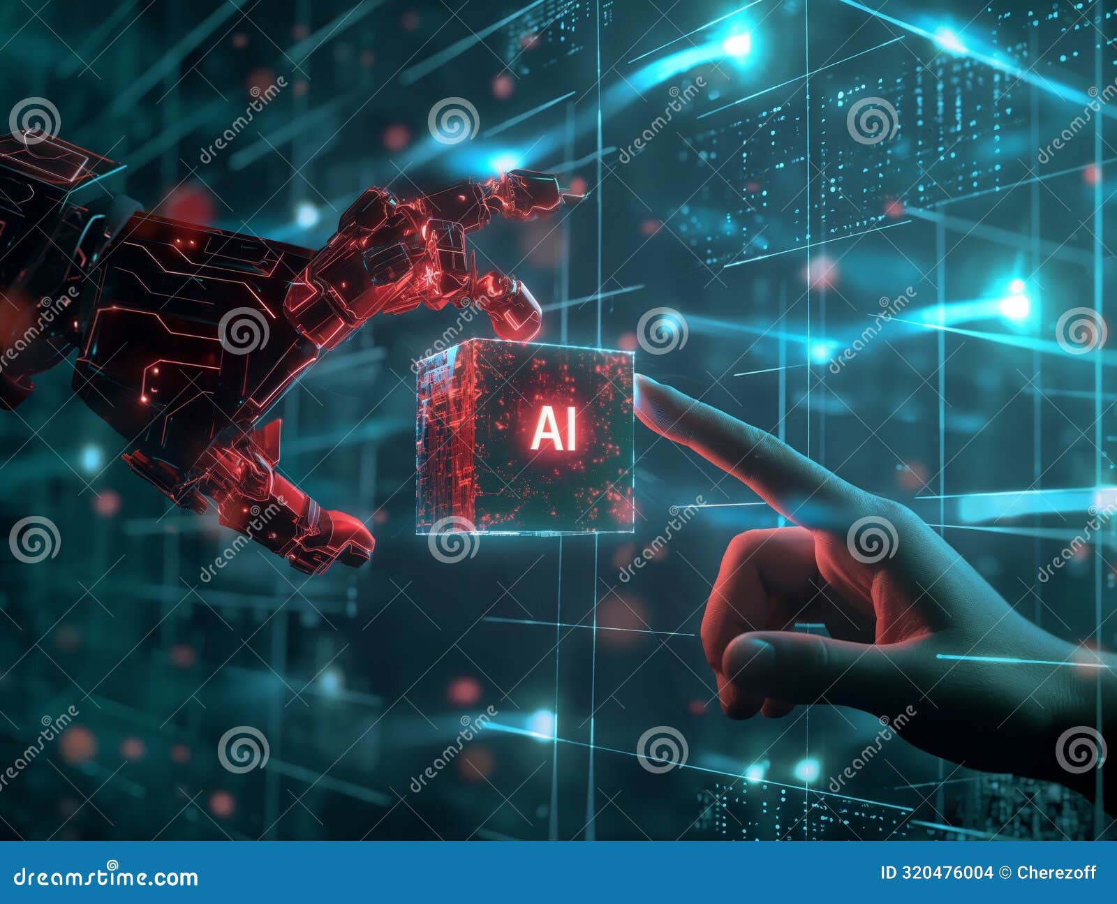 Human and Robot Hands Interacting with AI Cube Stock Photo - Image of ...