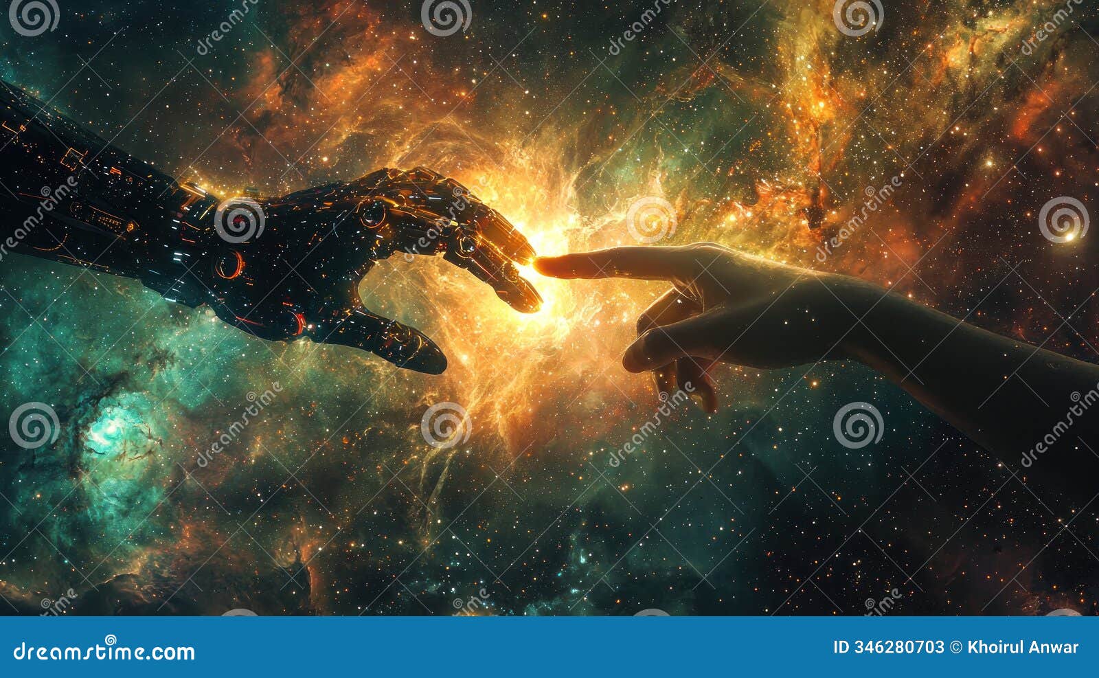 Human and Robot Hands Reaching Each Other in Space Stock Illustration ...