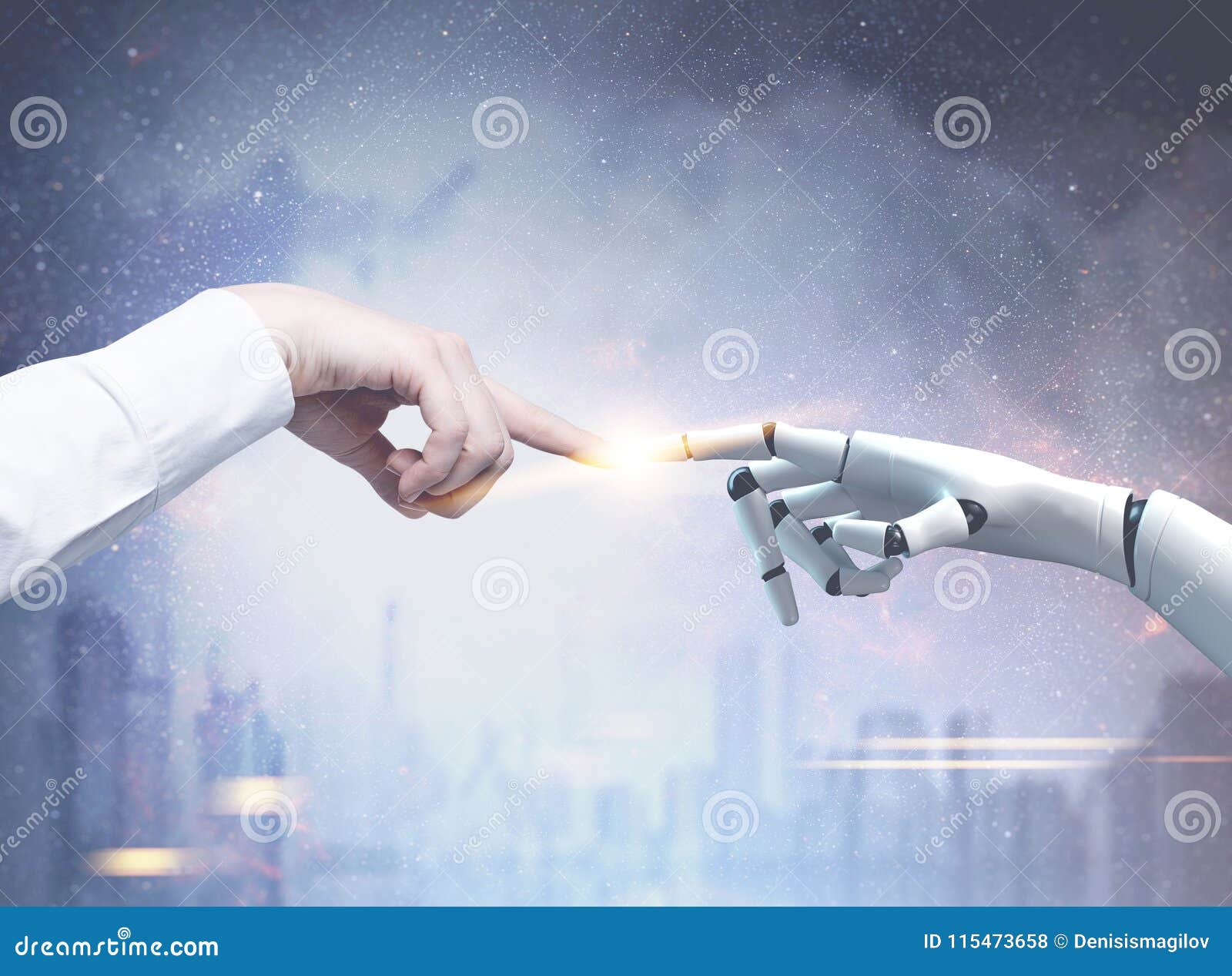 Human and Robot Hands Reaching Out, Blue City Stock Photo - Image of ... Human and Robot Hands Reaching Out, Blue City Stock Photo - Image of ...