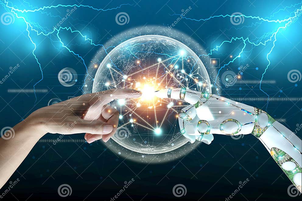 Human, Robot Hands Touch Connect on Binary Code Stock Image - Image of ...