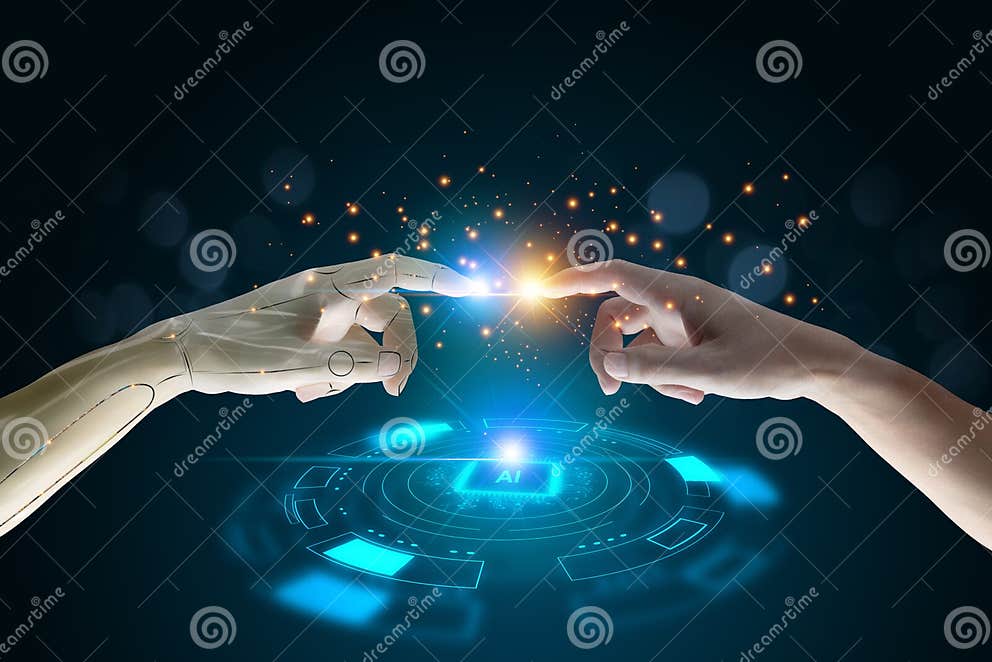 Human, Robot Hands Touch Connect on Binary Code Stock Photo - Image of hands, artificial: 286975034