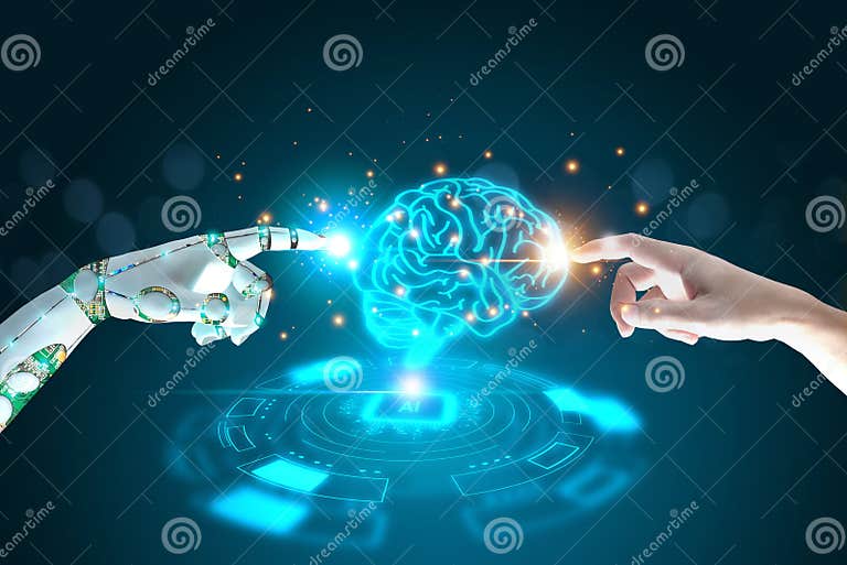 Human, Robot Hands Touch Connect on Virtual Brain Stock Image - Image ...