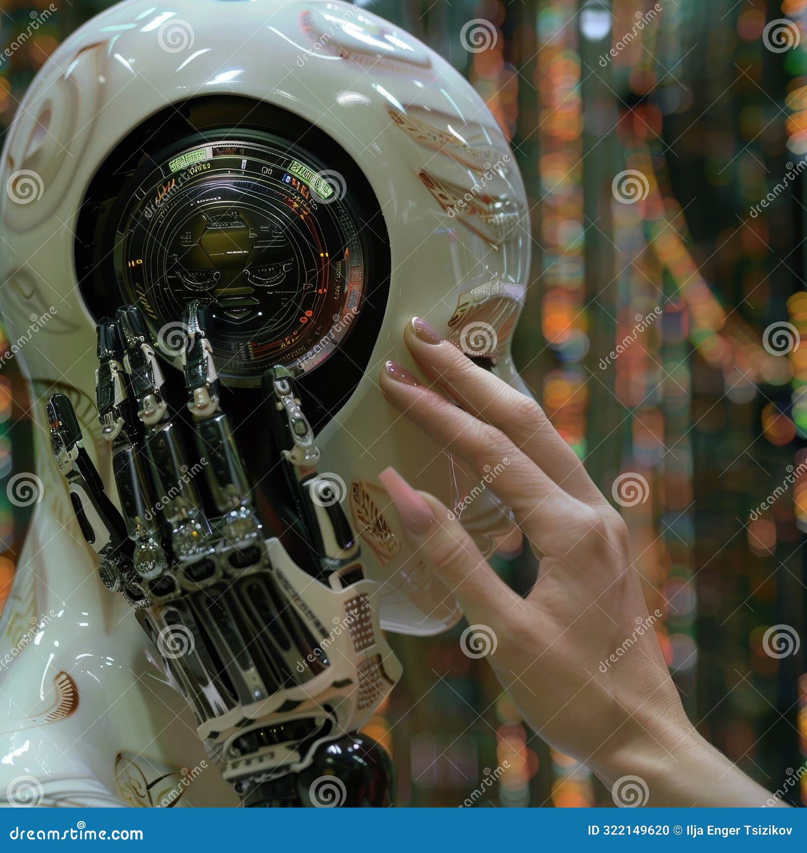 Human and Robot Hands Touching Amid Swirling Data Connections and Code ...