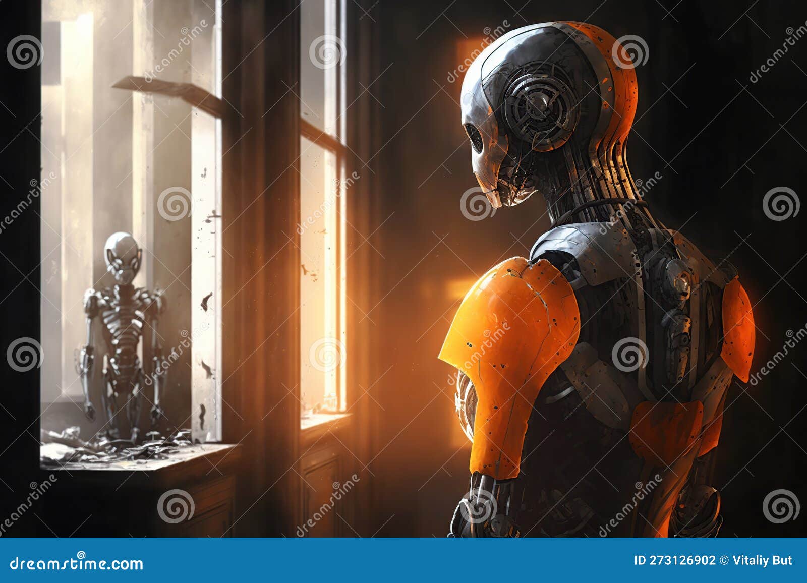 Cyber Design Concept, Robot by the Window Made with Generative AI Stock Illustration ...