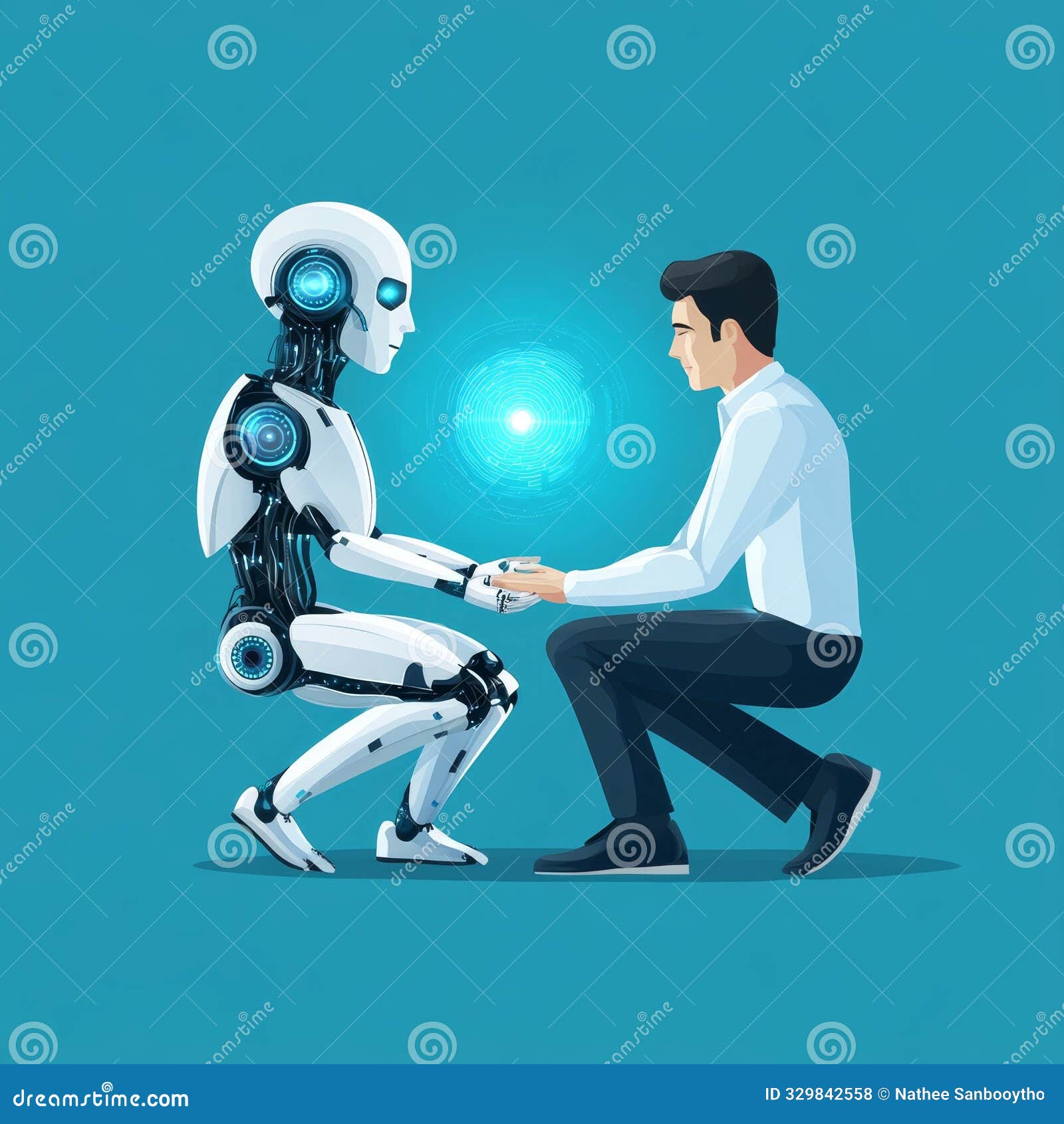 Human and Robot Interaction in Futuristic Setting Stock Illustration ...