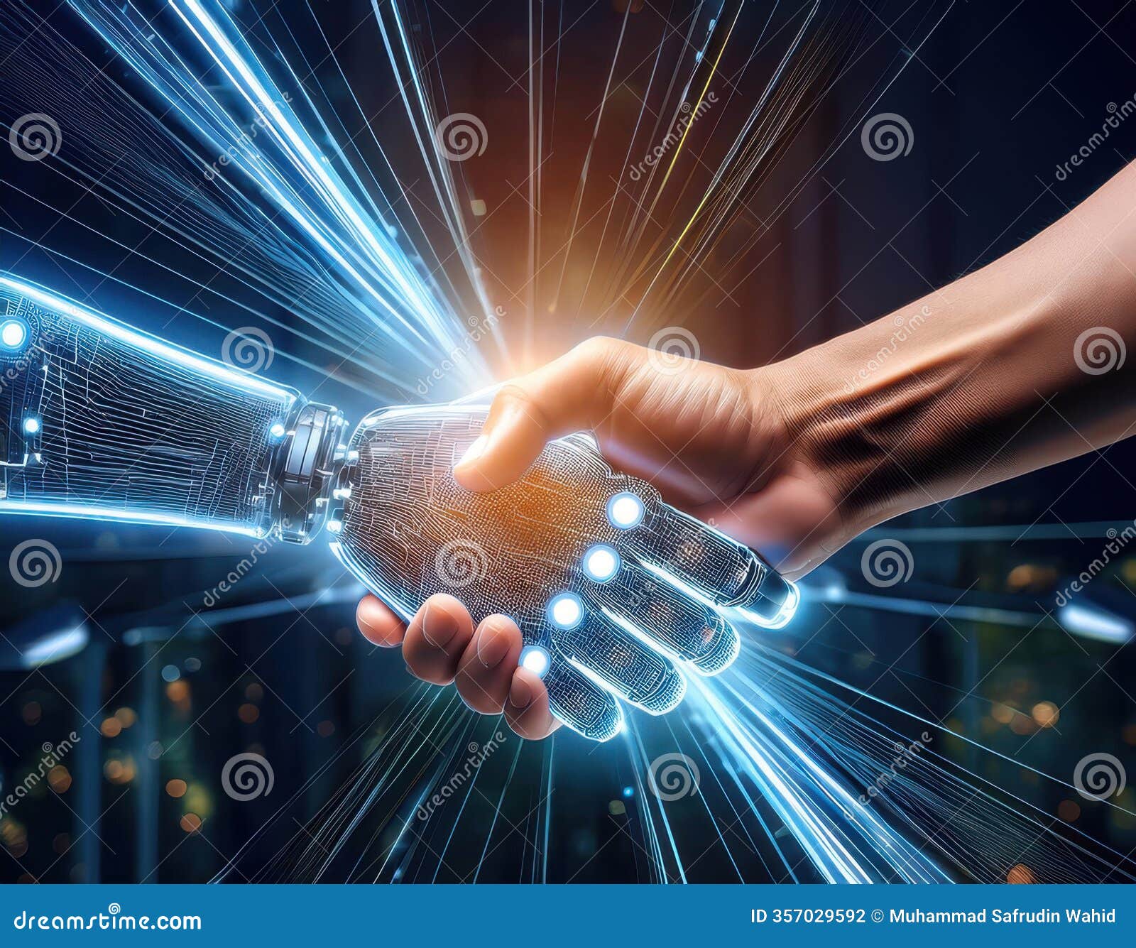 A Human and a Robot Shaking Hands, with a Glowing Neural Network ...