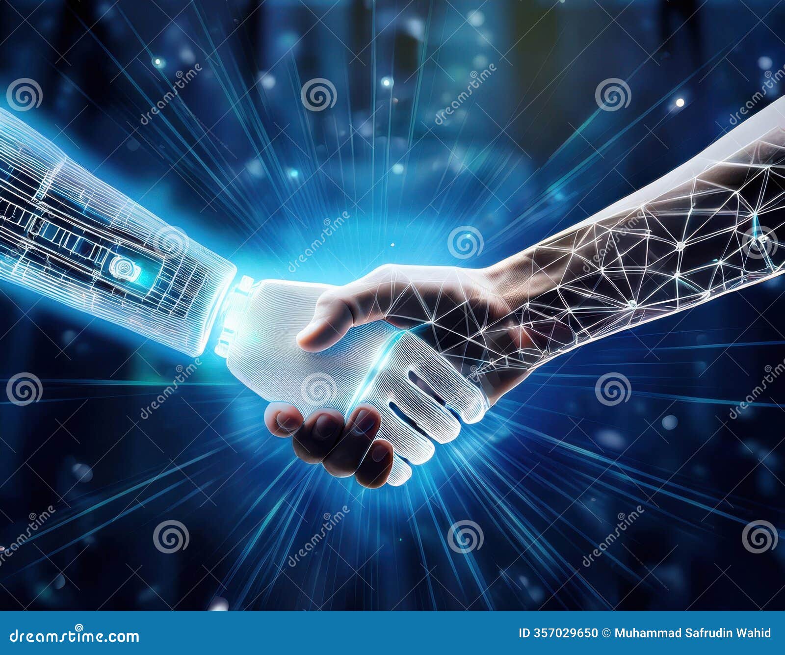 A Human and a Robot Shaking Hands, with a Glowing Neural Network ...