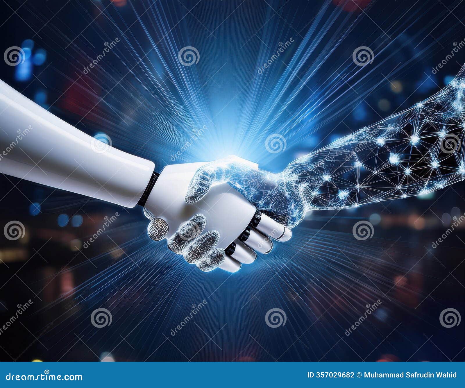 A Human and a Robot Shaking Hands, with a Glowing Neural Network ...