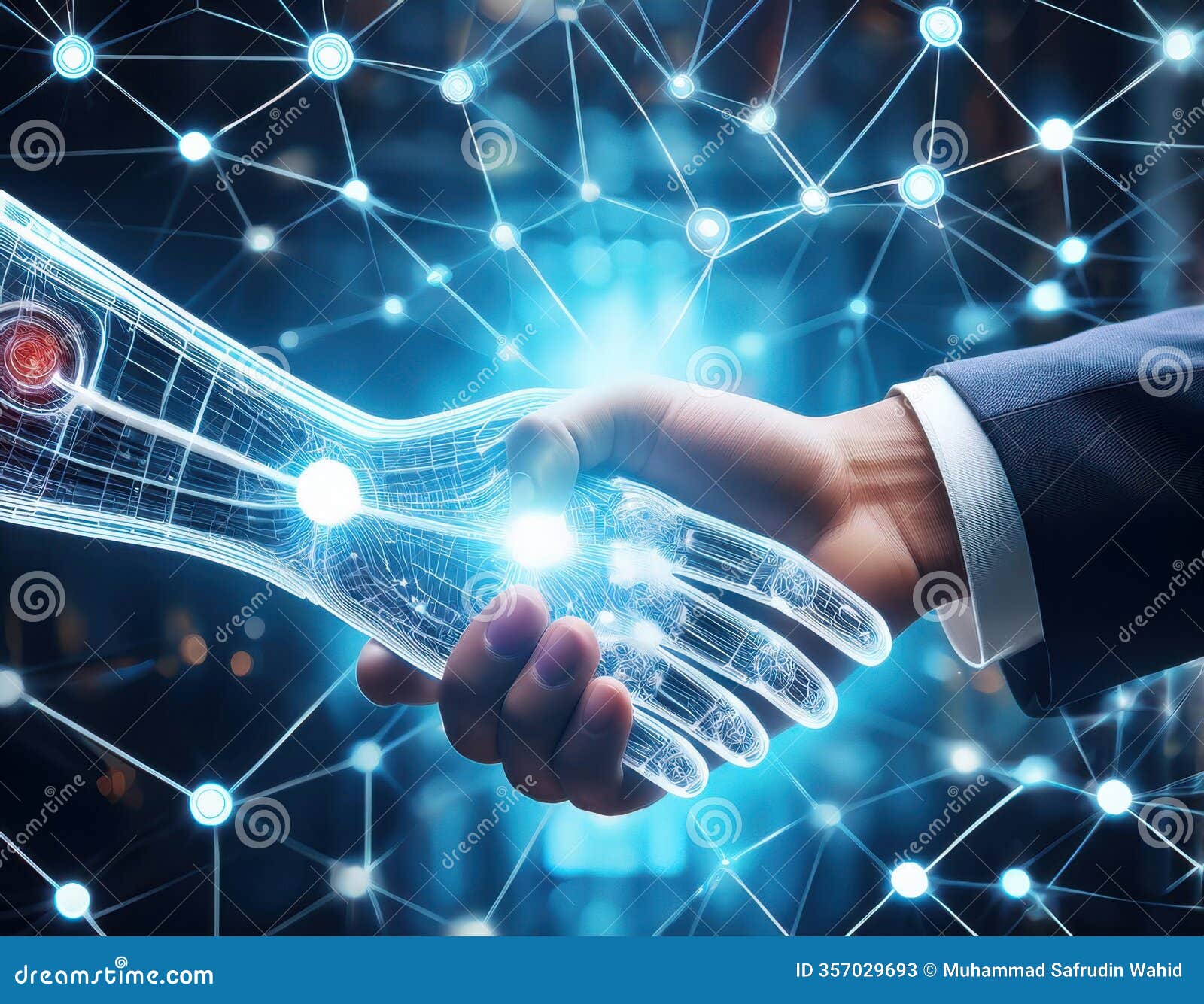 A Human and a Robot Shaking Hands, with a Glowing Neural Network ...