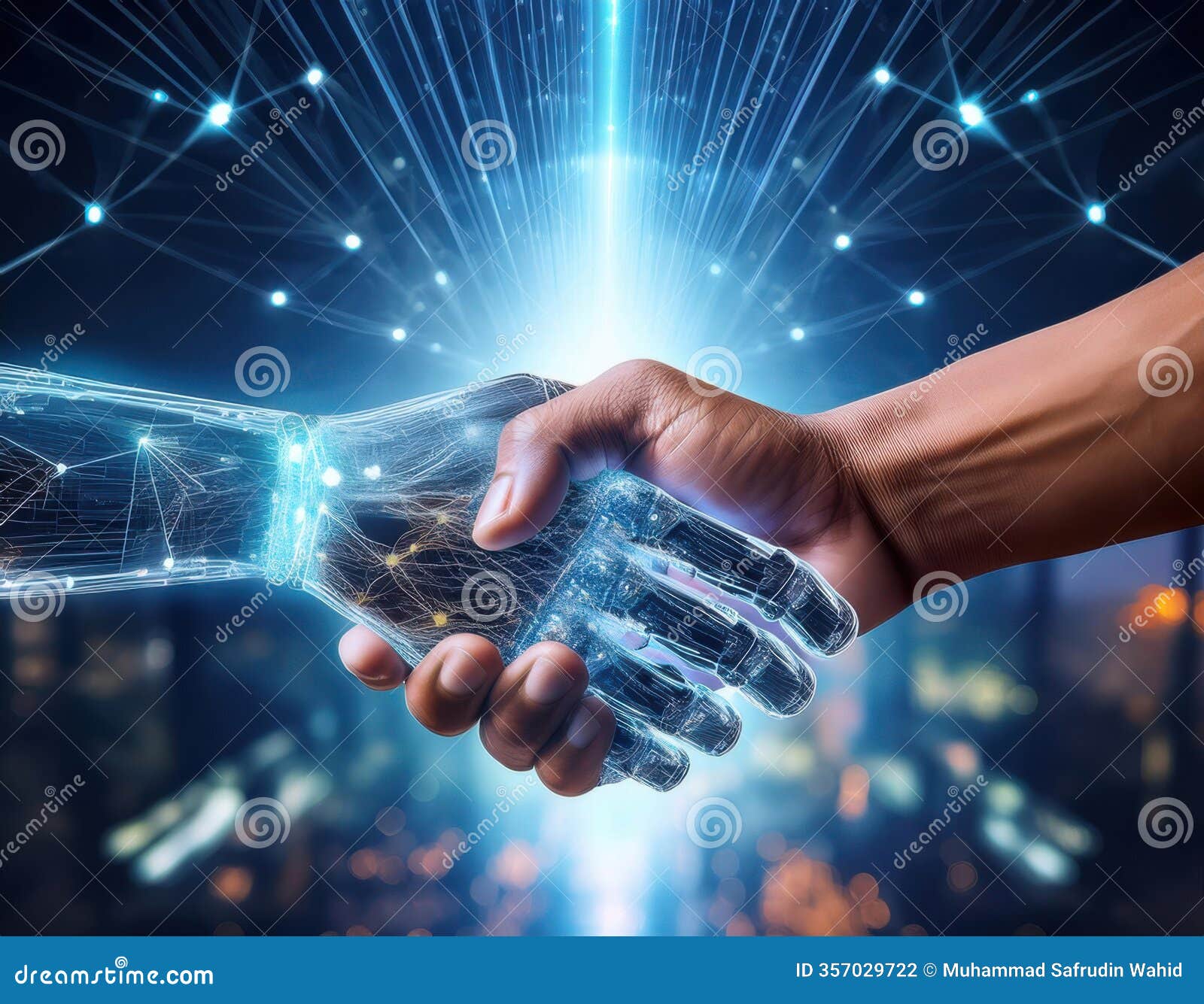 A Human and a Robot Shaking Hands, with a Glowing Neural Network ...