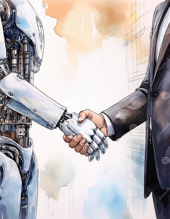 A Human and a Robot Shaking Hands in a Modern Office Setting ...