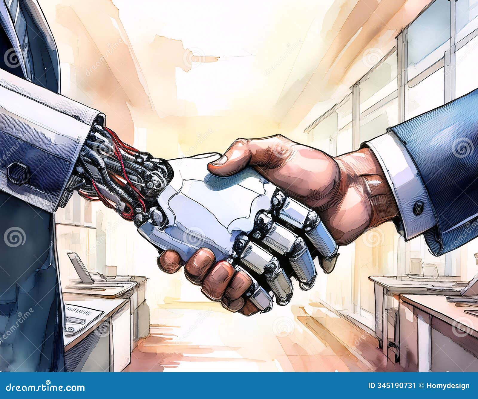 A Human and a Robot Shaking Hands in a Modern Office Setting ...