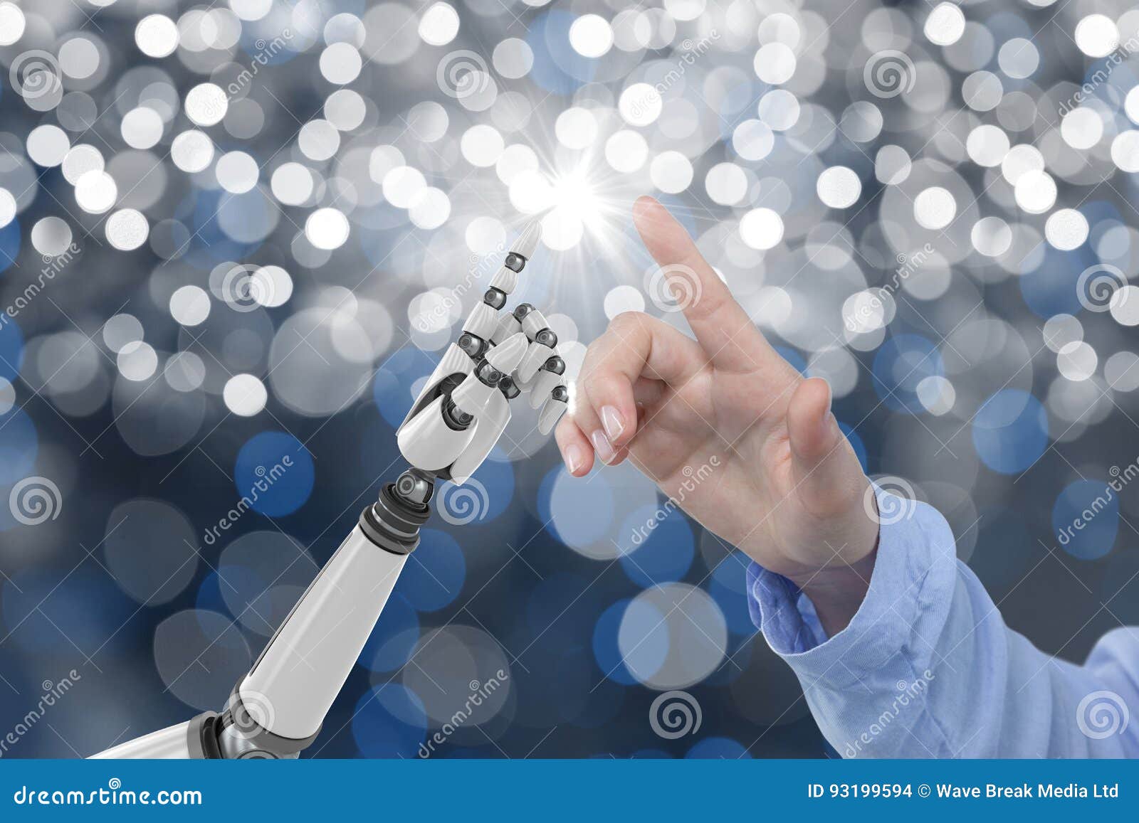 Human and Robot Touching Their Fingers in Blue Background Stock ...