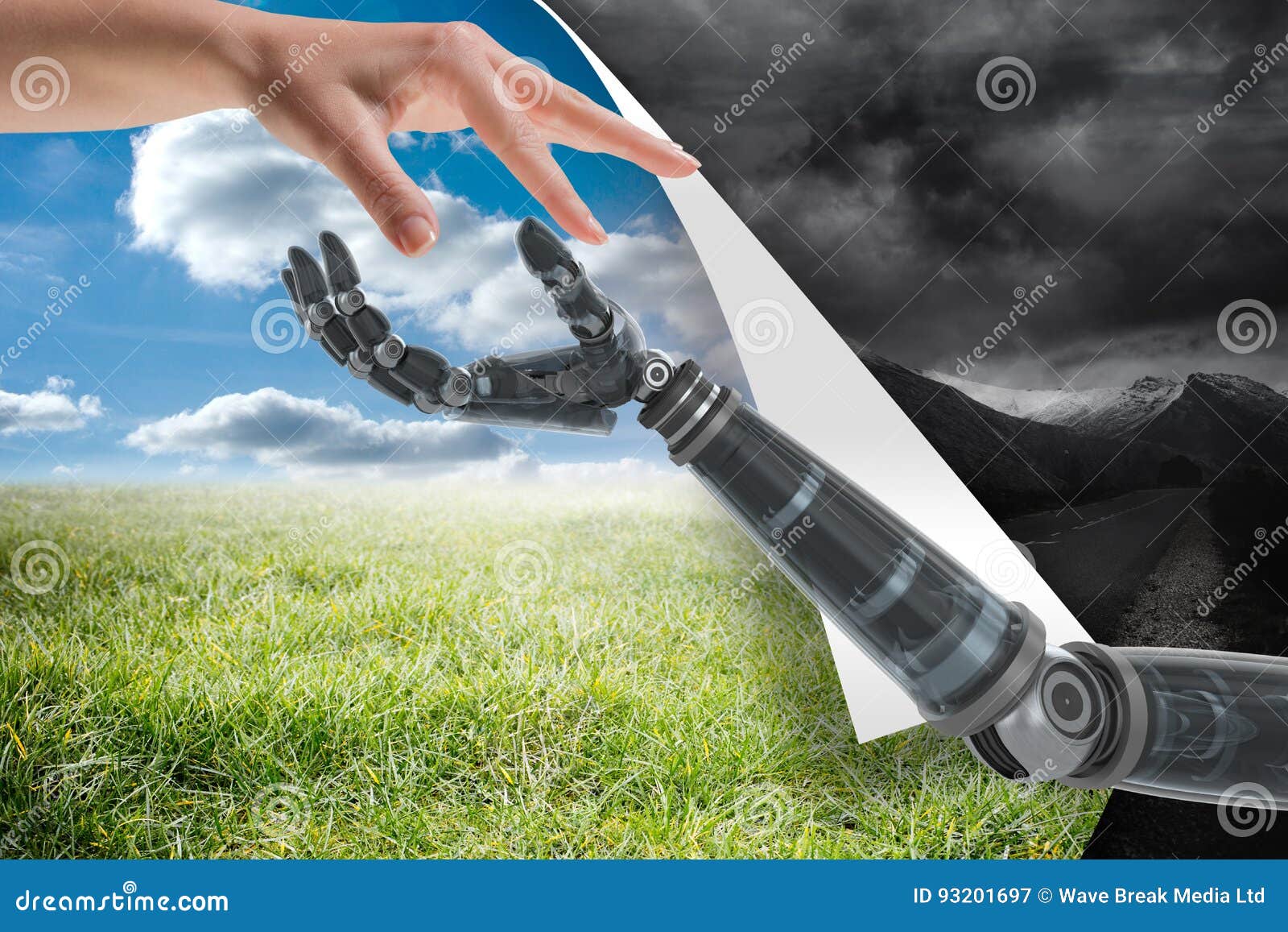 Human and Robot Touching Their Fingers between Blue and Grey Sky Stock ...