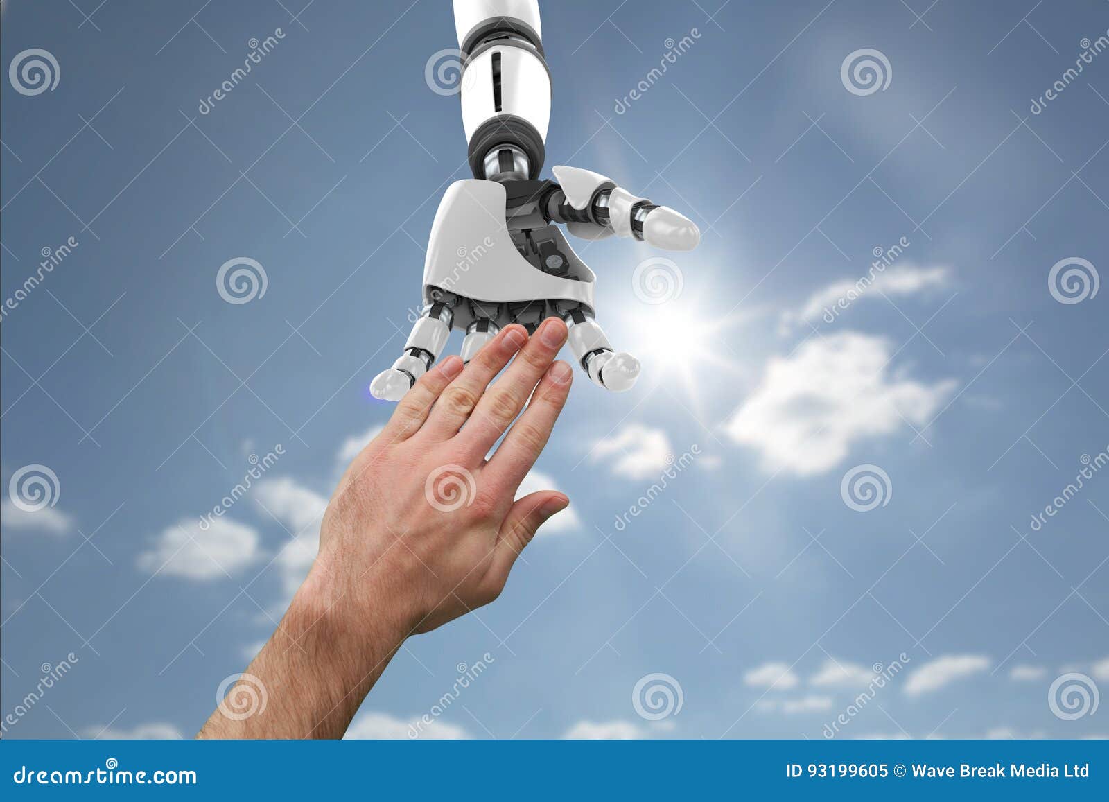 Human and Robot Touching Their Hands in Blue Background Stock ...