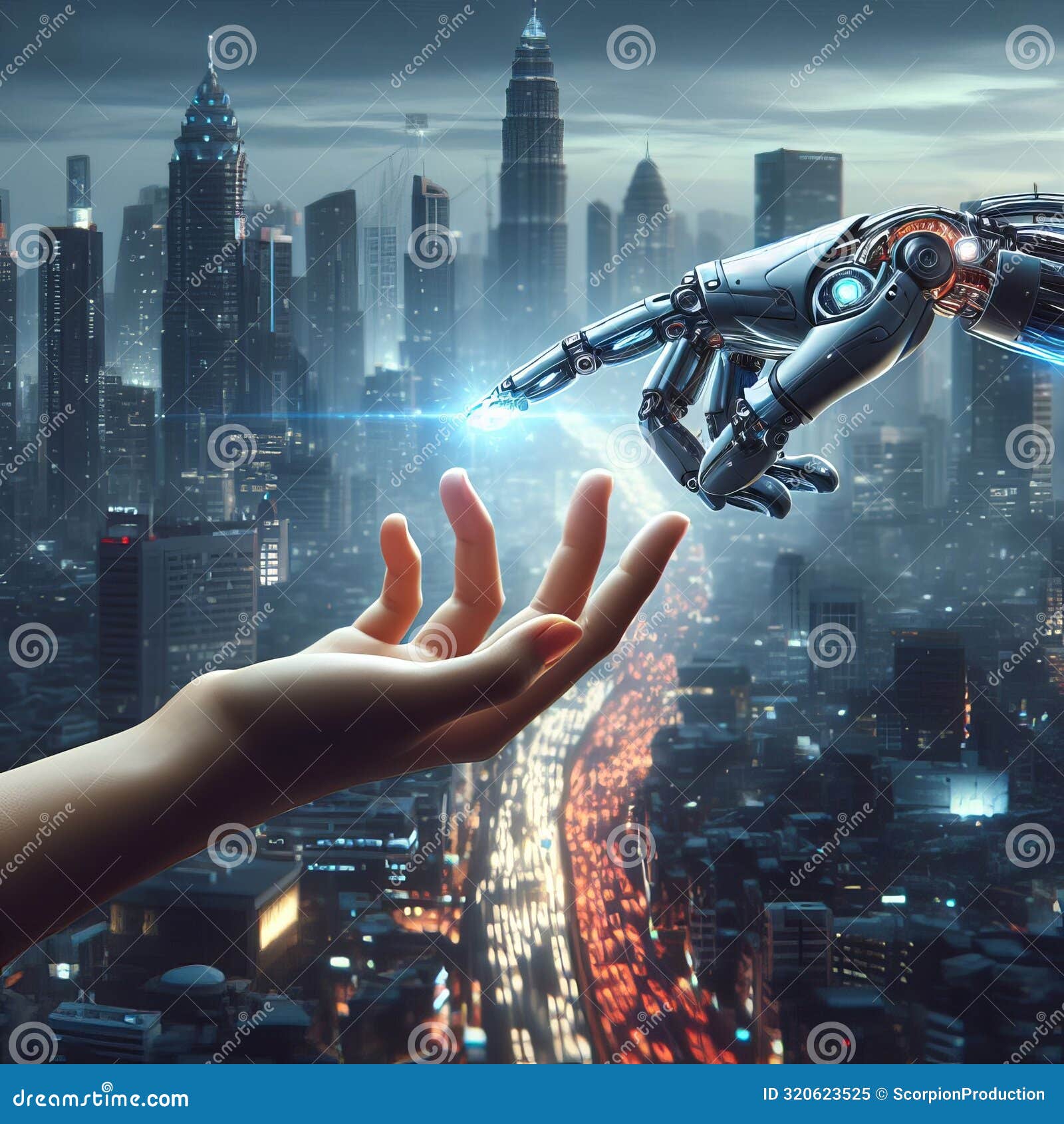 Human and Robotic Hand Interaction Over Urban Skyline Stock Image ... Human and Robotic Hand Interaction Over Urban Skyline Stock Image ...