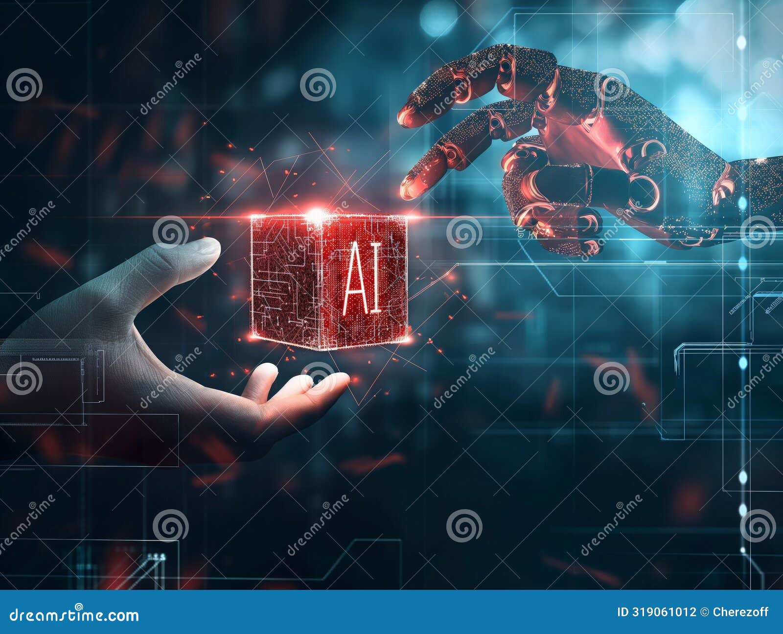 Human and Robotic Hands Holding AI Cube Stock Photo - Image of ...