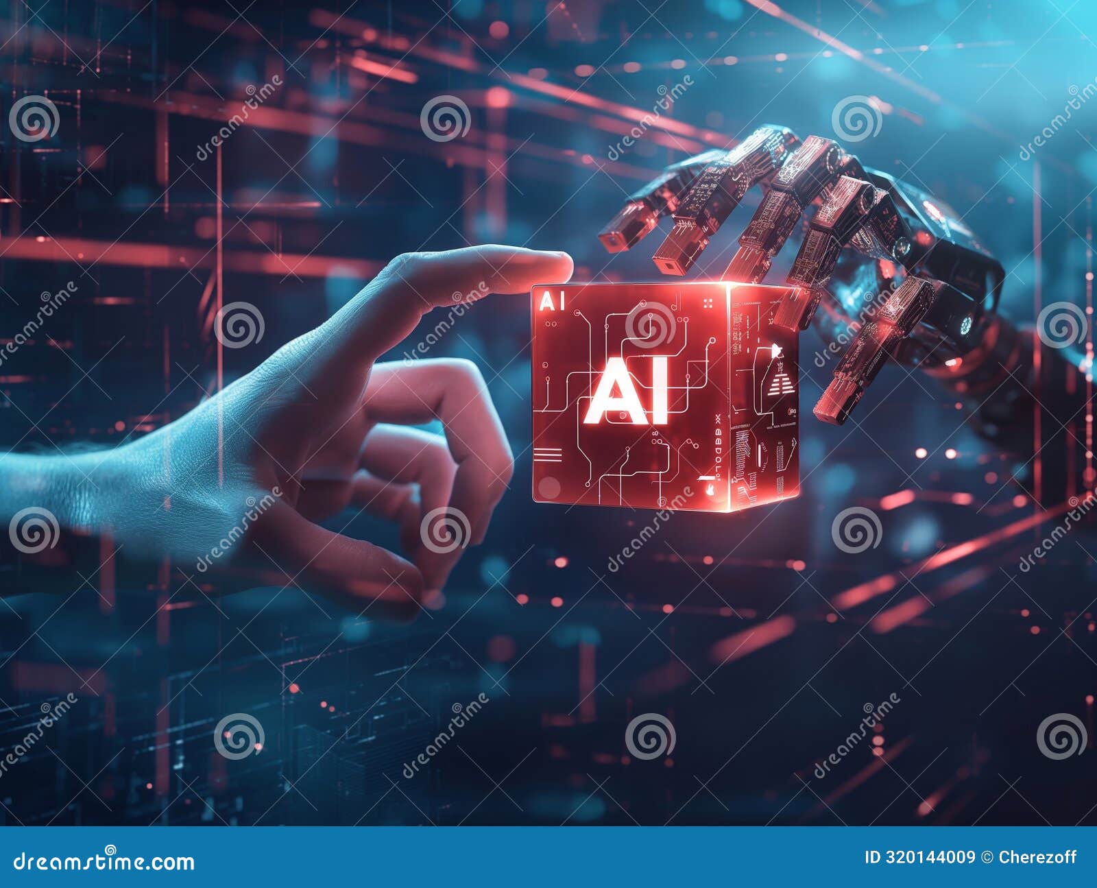 Human and Robotic Hands Holding AI Cube Stock Image - Image of ...
