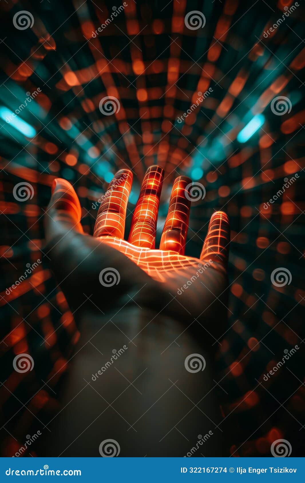 Human and Robotic Hands Intertwined on Metallic Surface with Digital ...