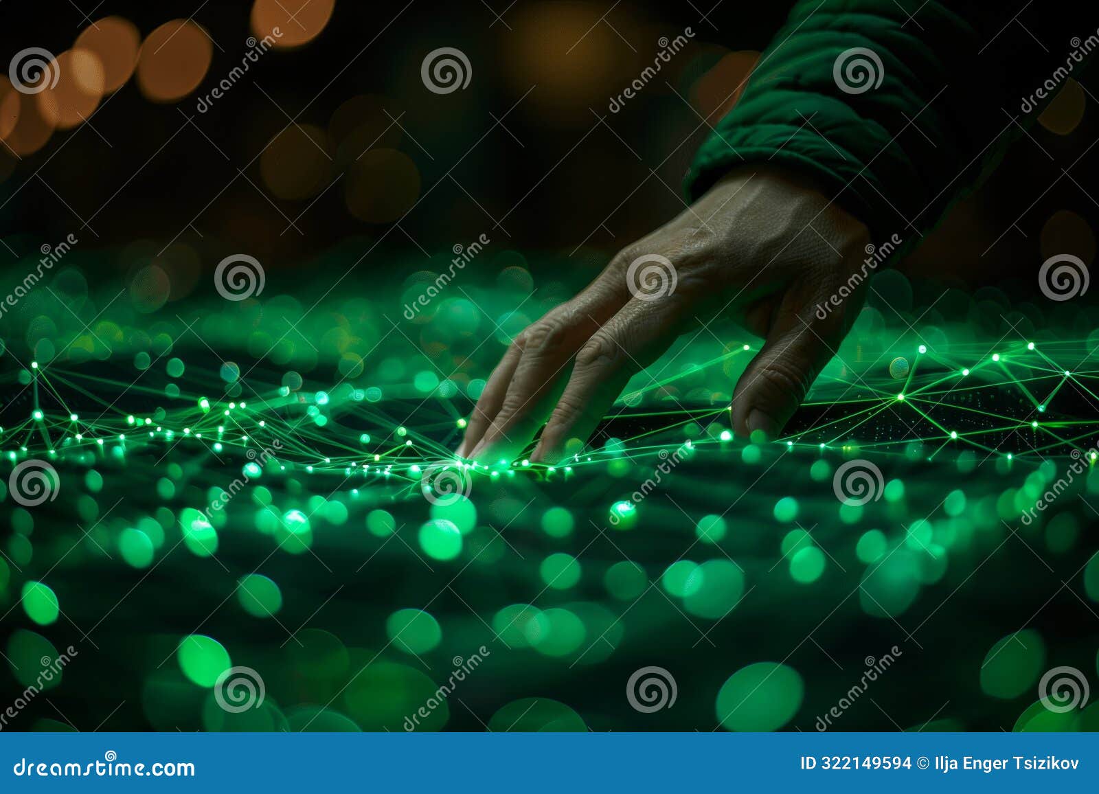 Human and Robotic Hands Reaching Across Glowing Data Streams in Digital ...