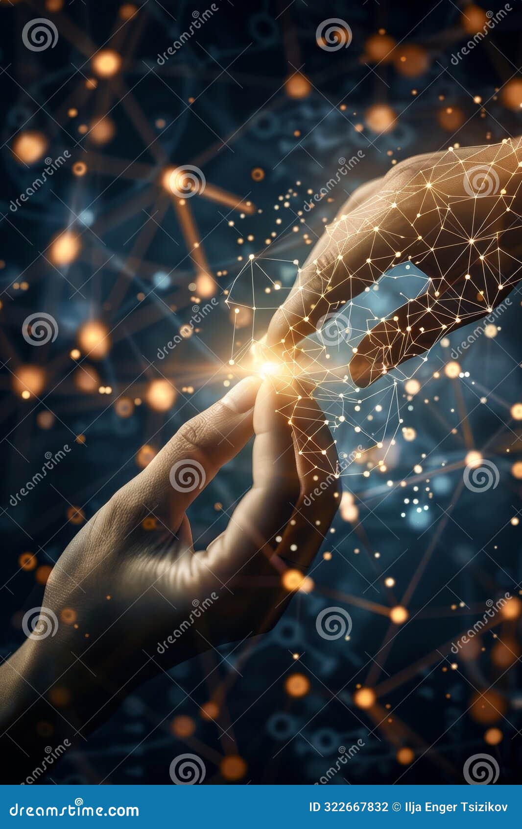 Human and Robotic Hands Reaching Across a Glowing Network of Data ...