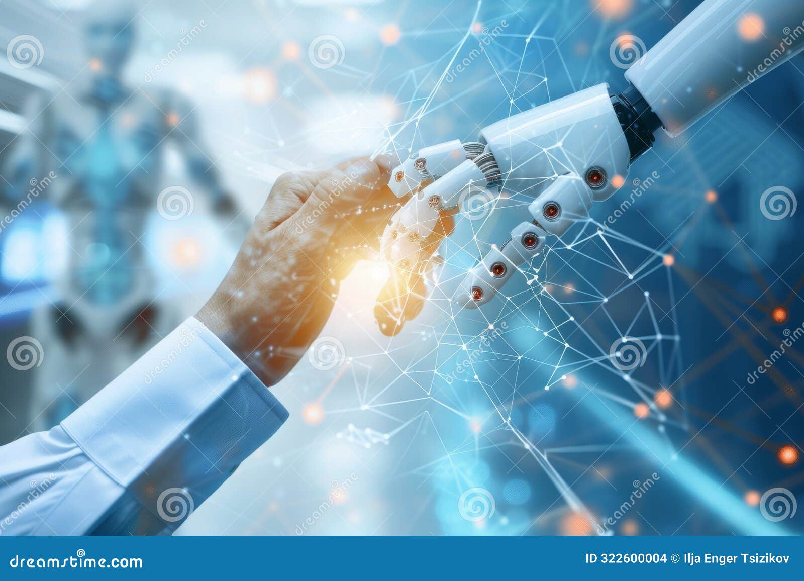Human and Robotic Hands Touching Amidst Abstract Data Connections and ...