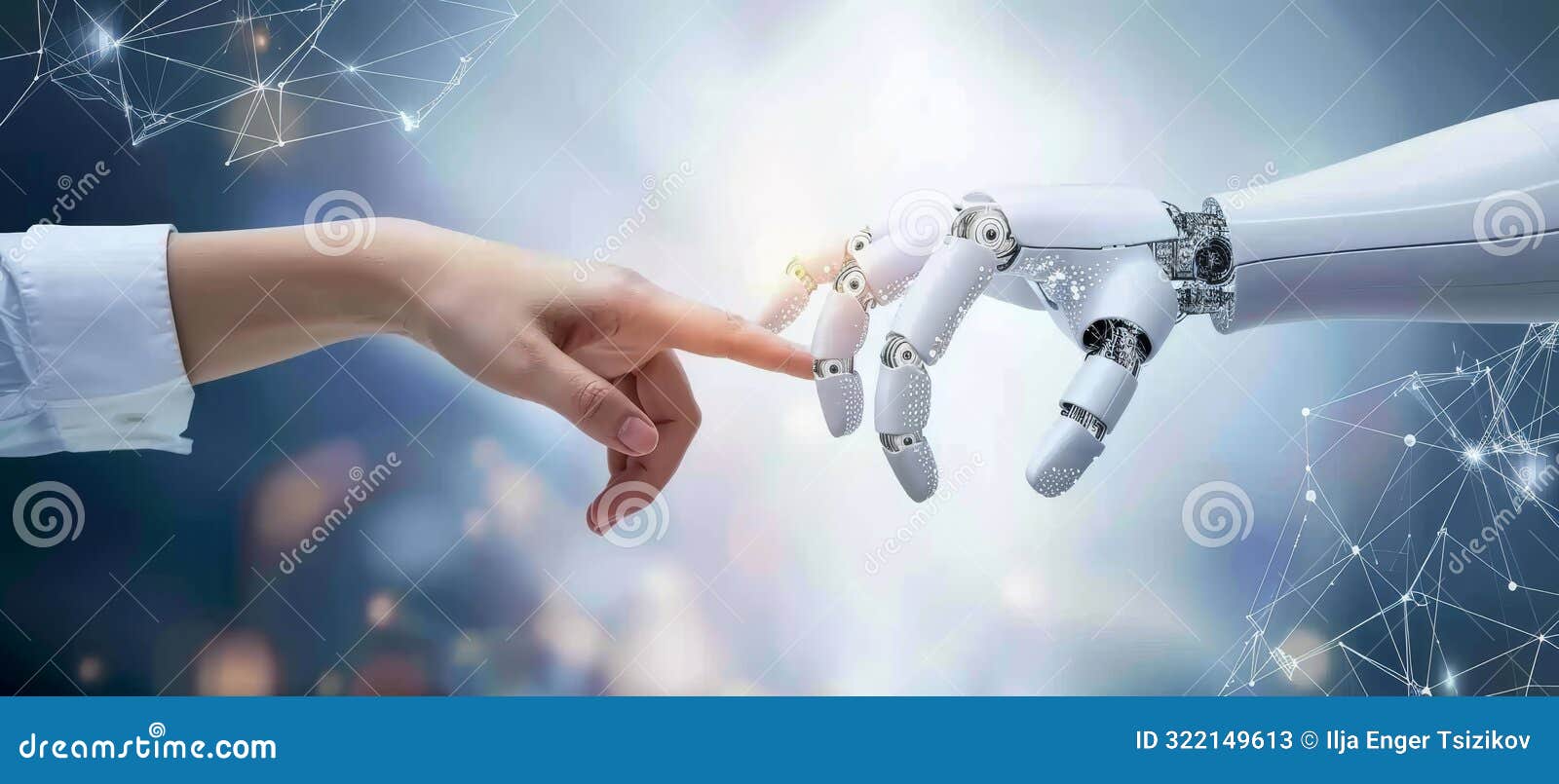 Human and Robotic Hands Touching Amidst Digital Connections and Code ...