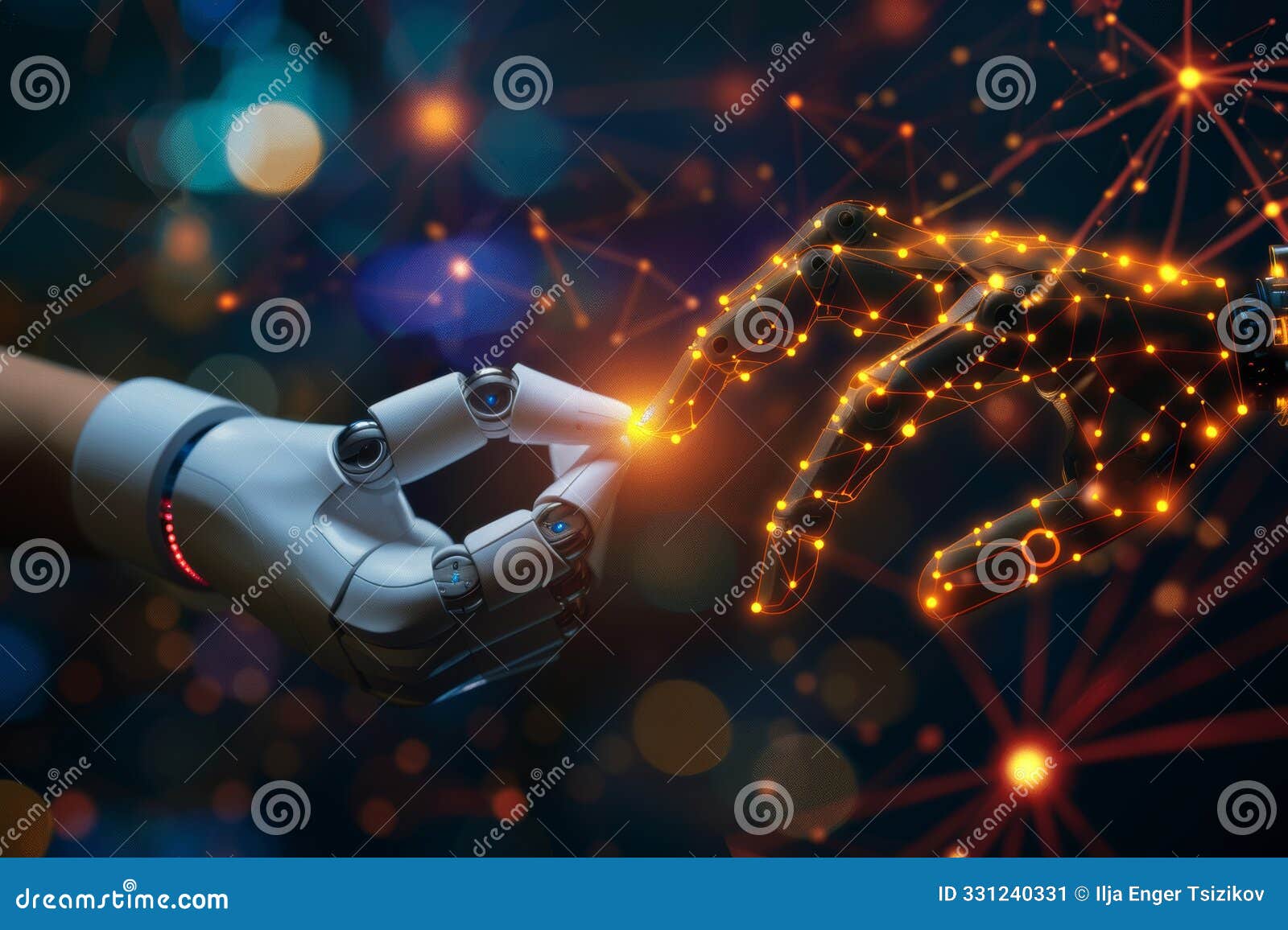 Human and Robotic Hands Touching Amidst Swirling Data Connections and ...
