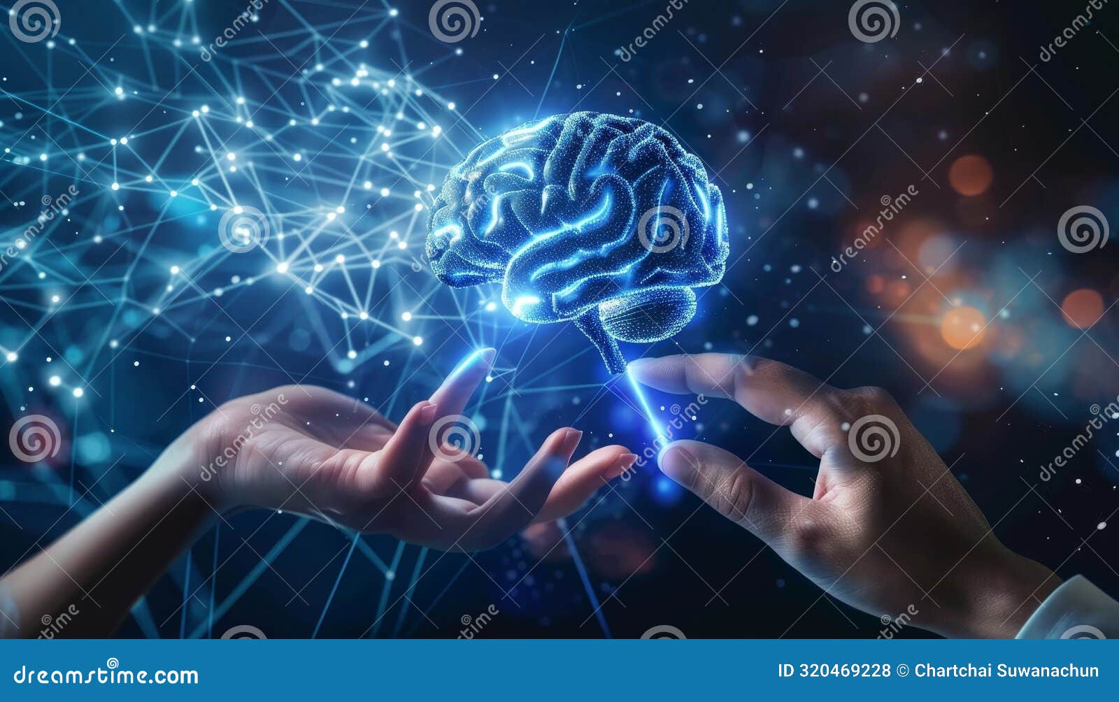 Human and Robotic Hands Touching Digital Brain, Concept of AI and Human ...