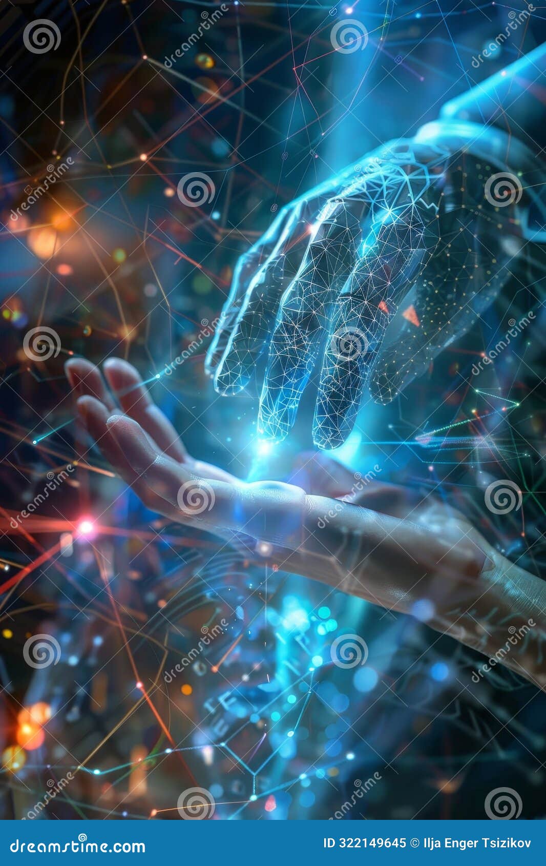 Human and Robotic Hands Touching in Front of Abstract Data Connections ...